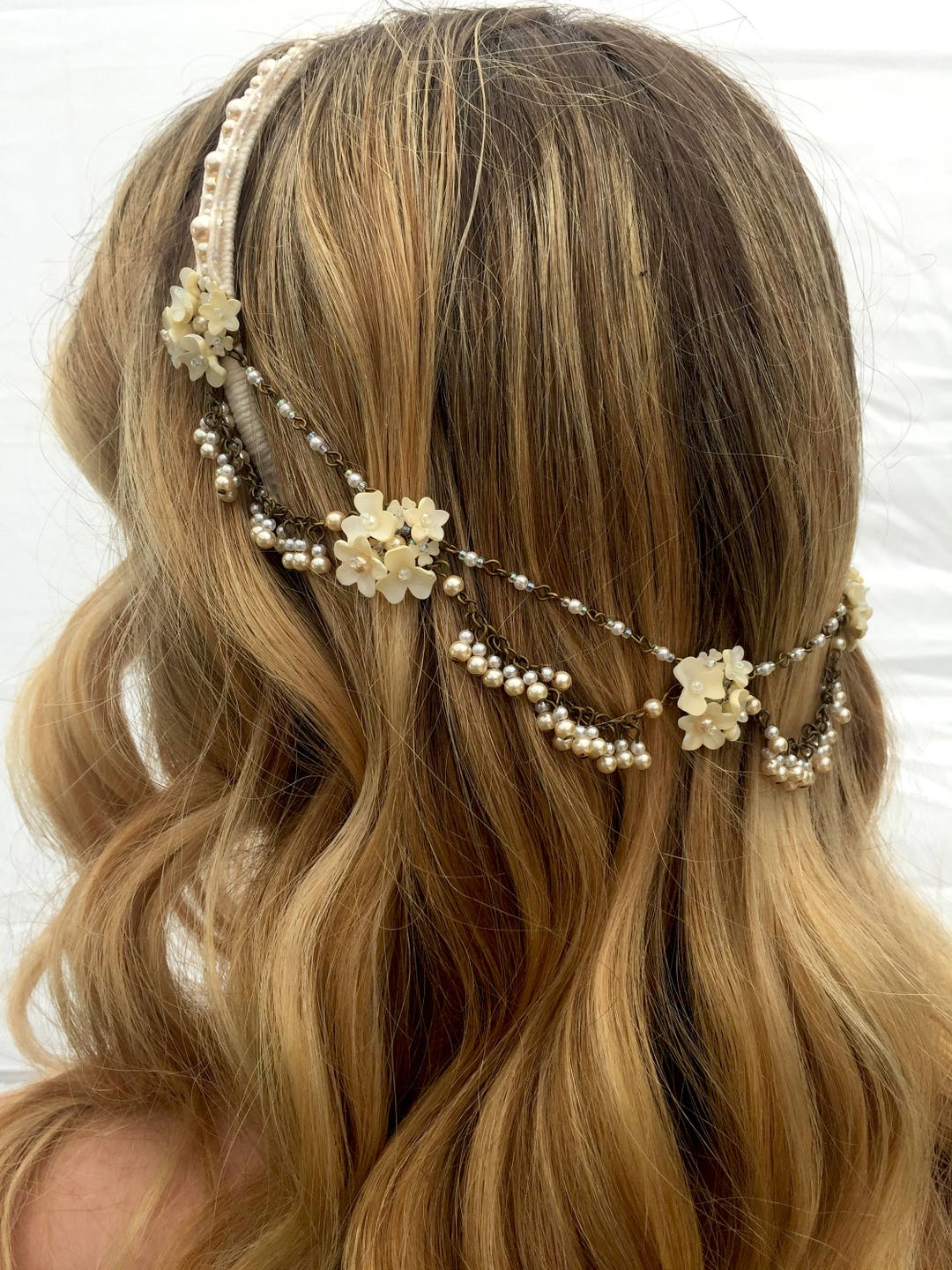 MAIDEN Draping HANDBEADED HEADBAND in Cream With Pearls by Designer ...