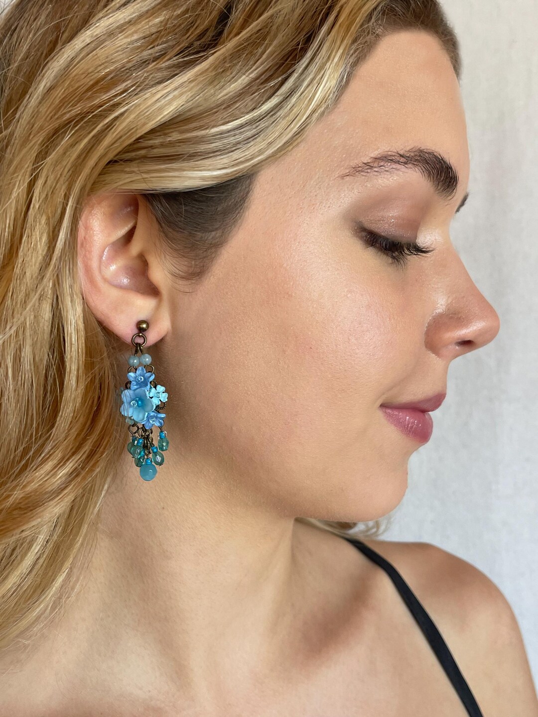 Colleen Toland Sky Blue Dangle Flower Earrings Drop Handmade Romantic ...