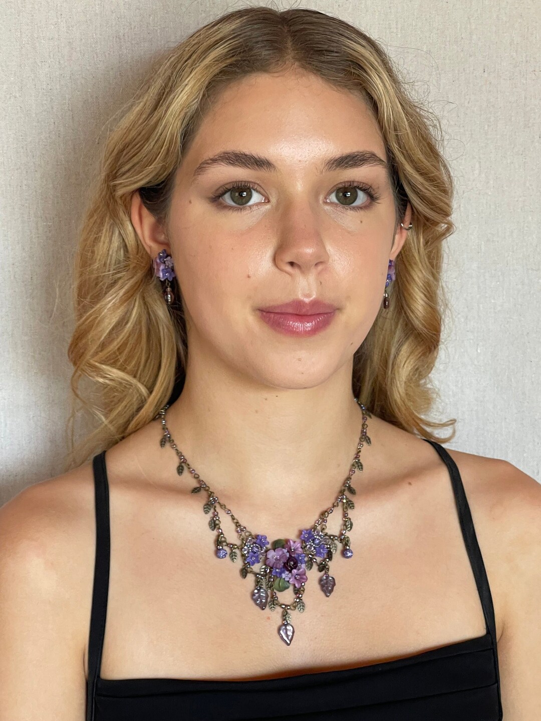 Colleen Toland Purple Lilac Vee Leaf Beaded Necklace Romantic Handmade ...