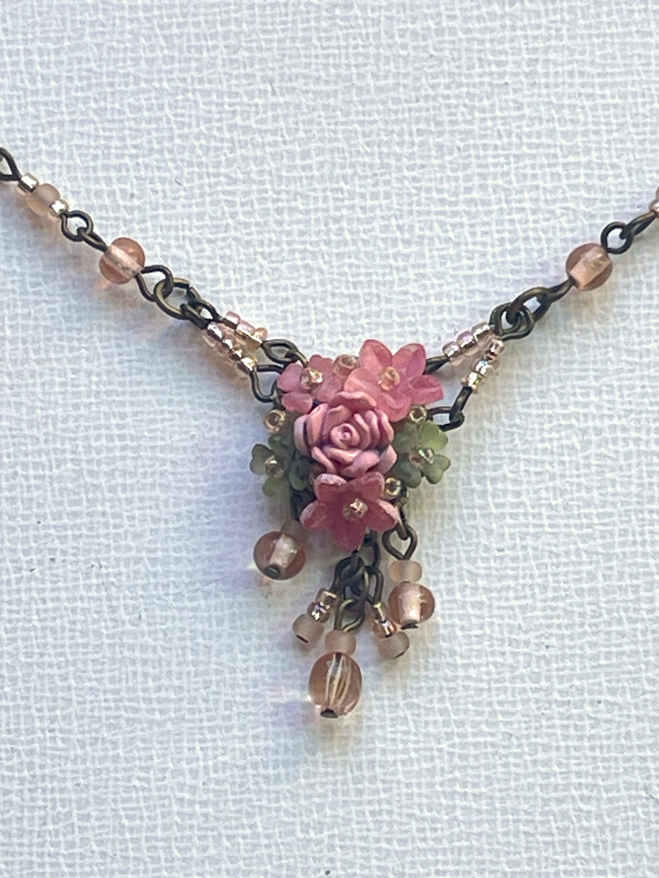 Colleen Toland Sweetheart Pink Rose Flower Pendant Handbeaded Floral ...