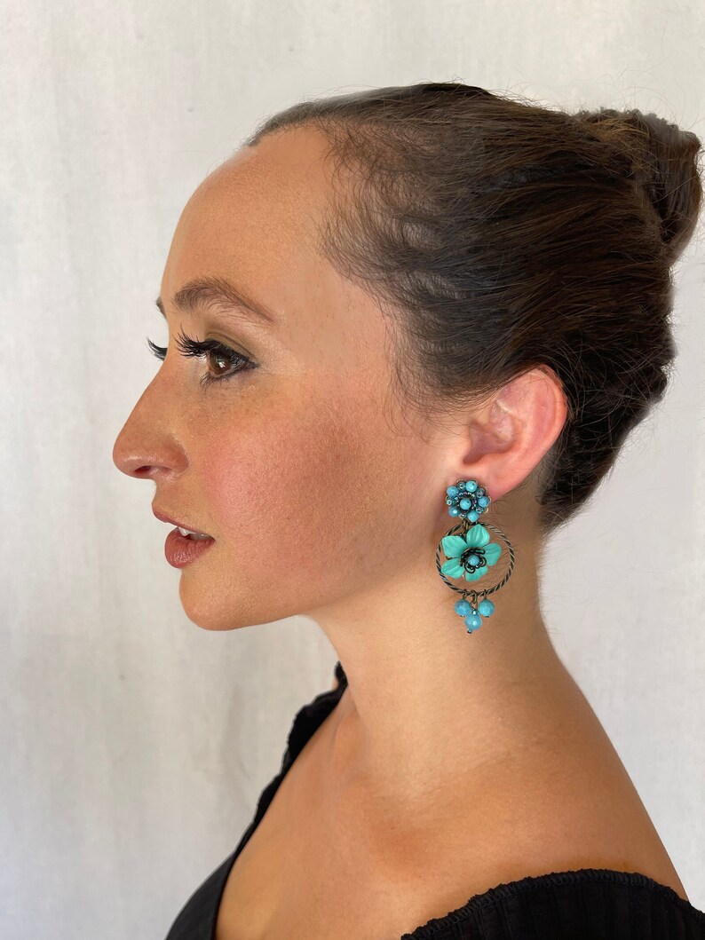 Colleen Toland Turquoise Flower Hoop Earrings With Earwire. - Etsy