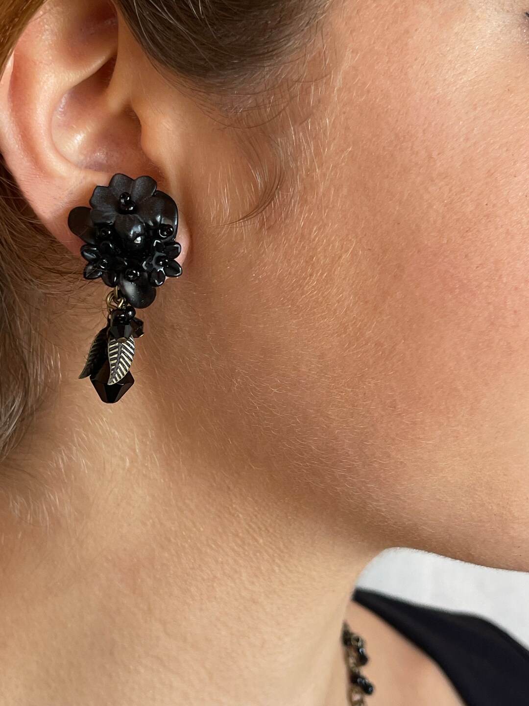 Colleen Toland Beaded Black Leaf Flower Earrings Floral Dangle Drop ...