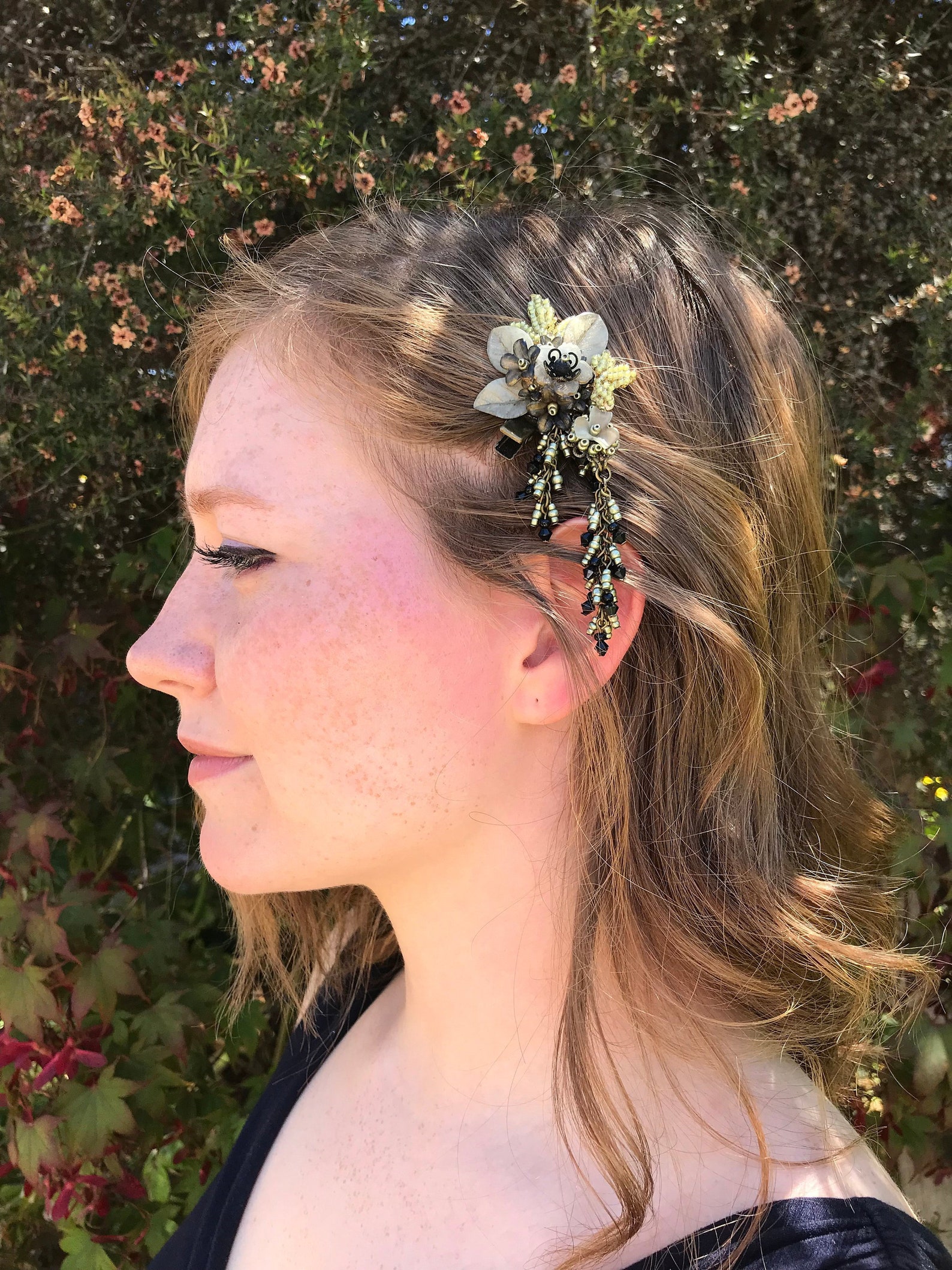 DANGLE HAIR CLIP Antique Gold and Black Handbeaded by Vintage - Etsy