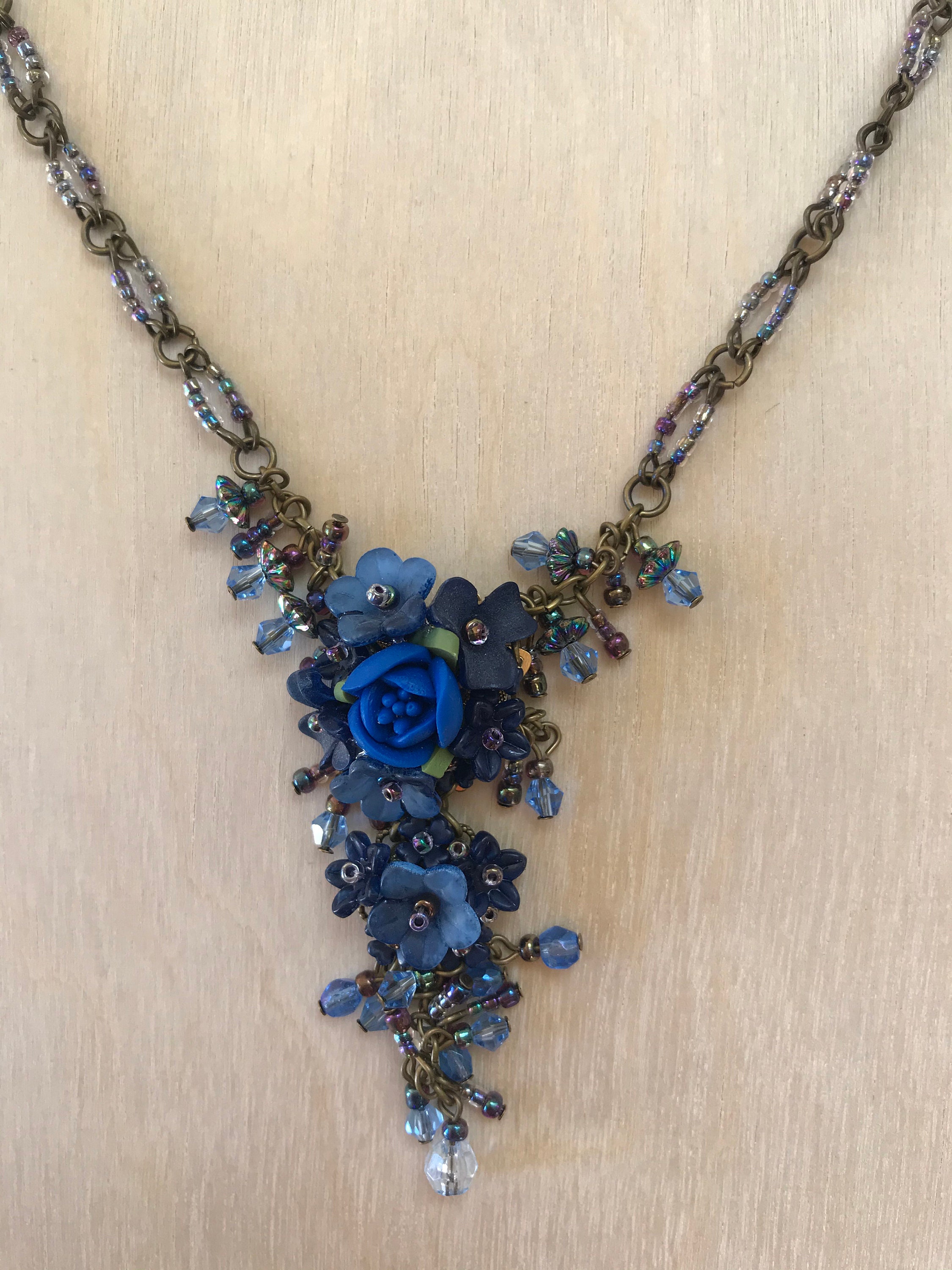 NAVY Beaded Vee Neck, BLUE ROSE Necklace Designed by Colleen Toland - Etsy