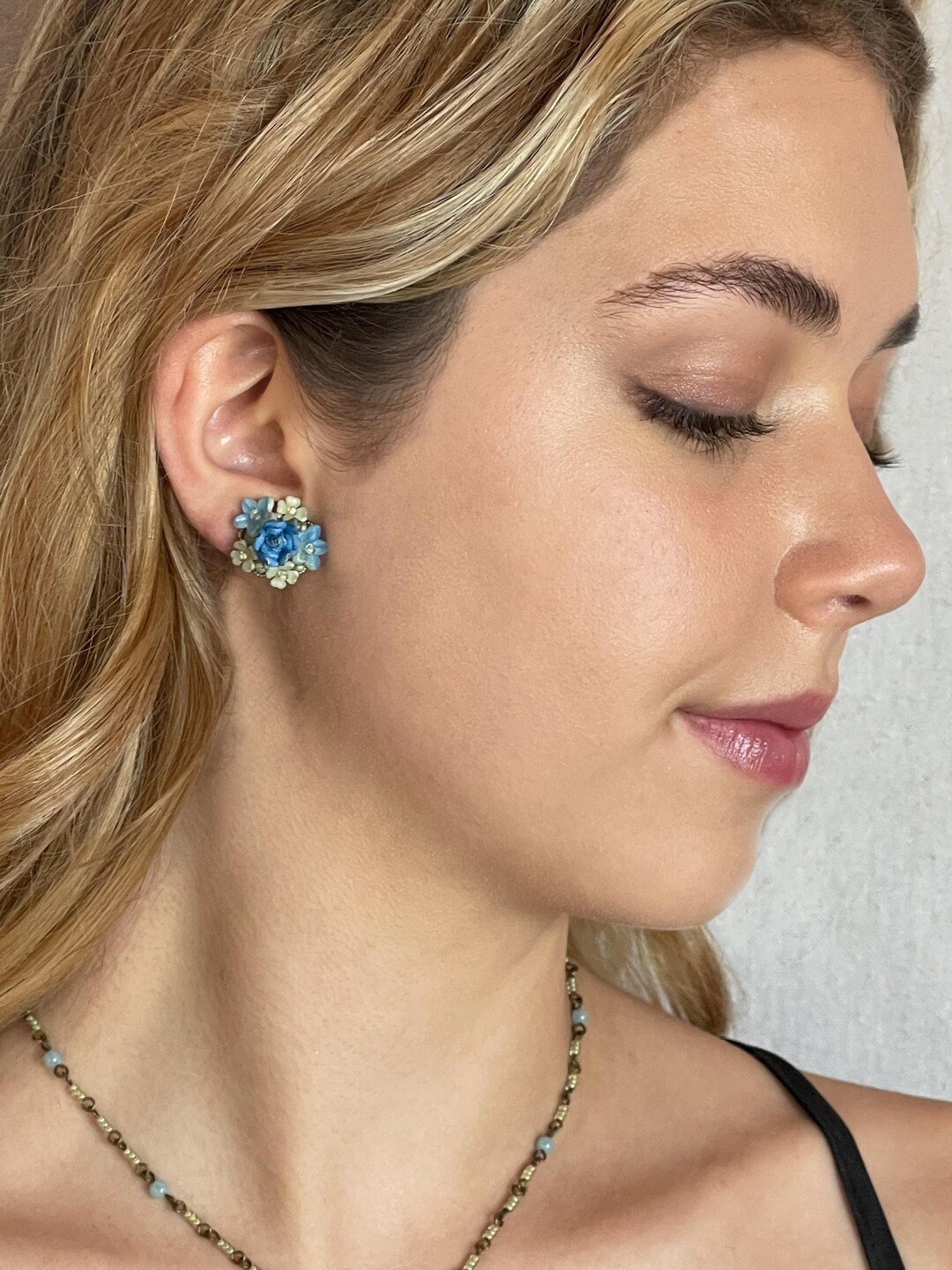 Colleen Toland Handmade Sky Blue Rose Post Button Earrings Flower Stud ...