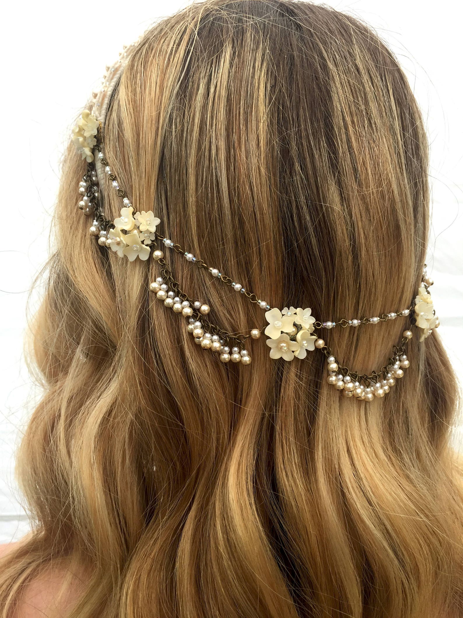 MAIDEN Draping HANDBEADED HEADBAND in Cream With Pearls by Designer ...