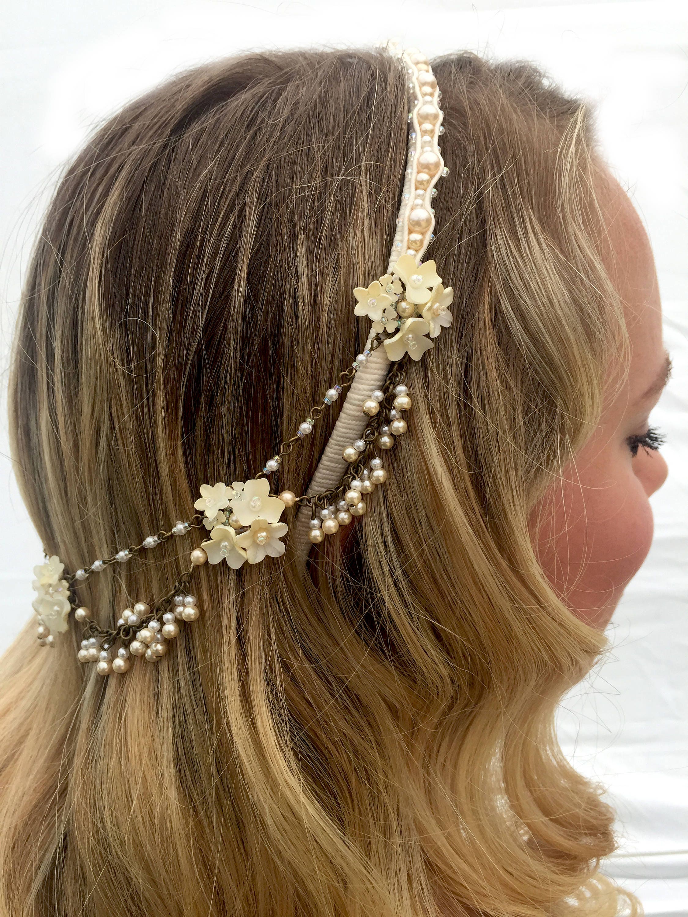 MAIDEN Draping HANDBEADED HEADBAND in Cream With Pearls by Designer ...
