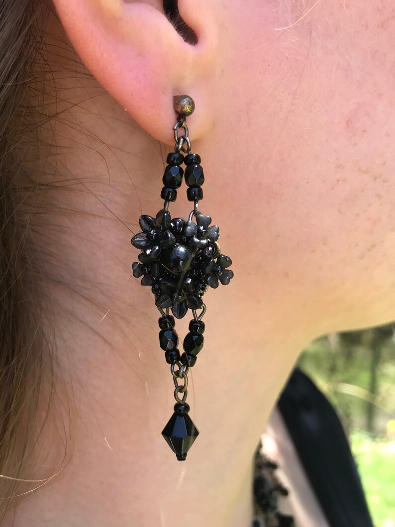 Long Dangle "black Beauty Earrings" Hand Beaded by Vintage Jewelry ...