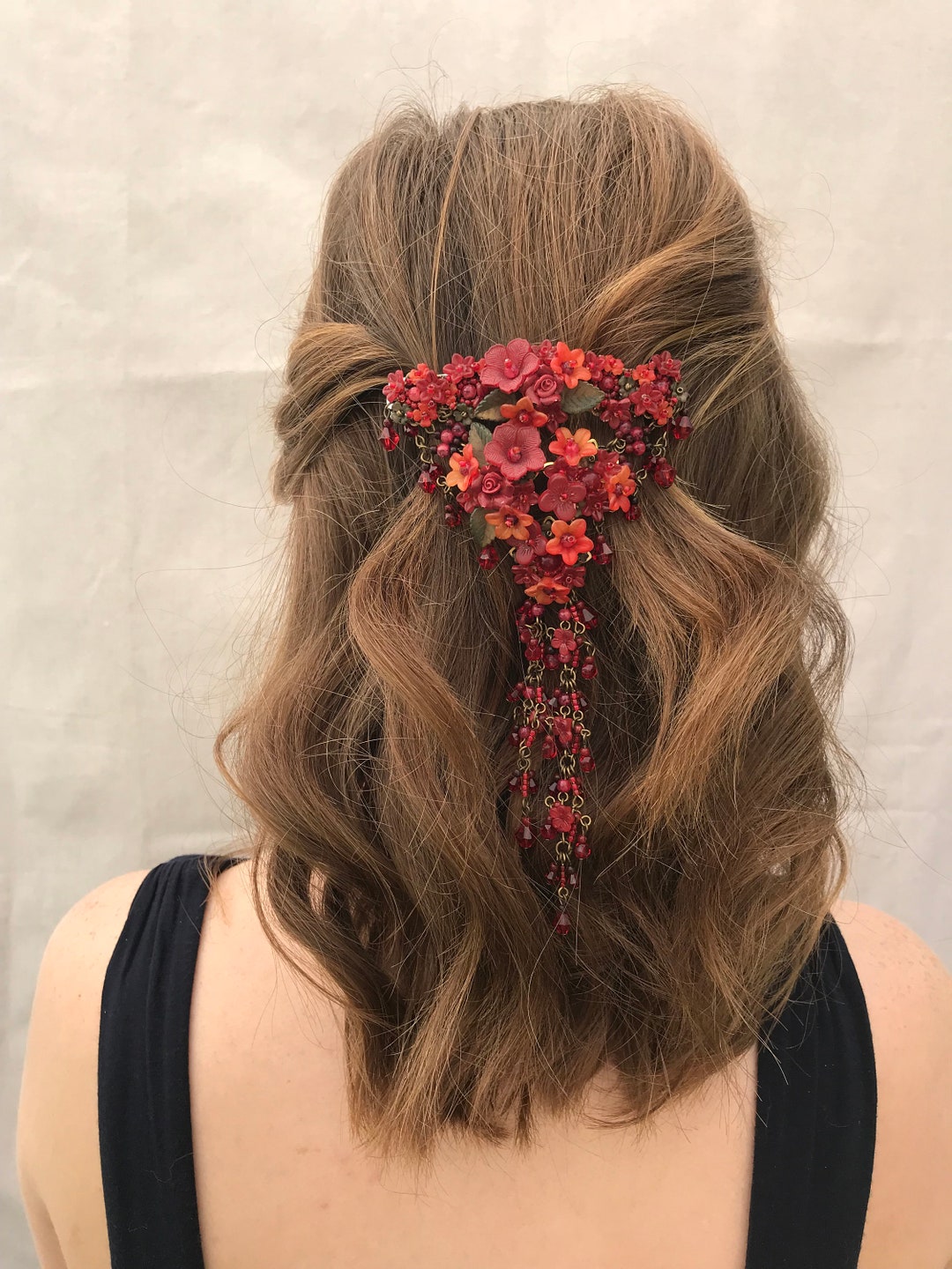 ROSE RED HANGING Handbeaded Barrette by Vintage Designer Colleen Toland ...
