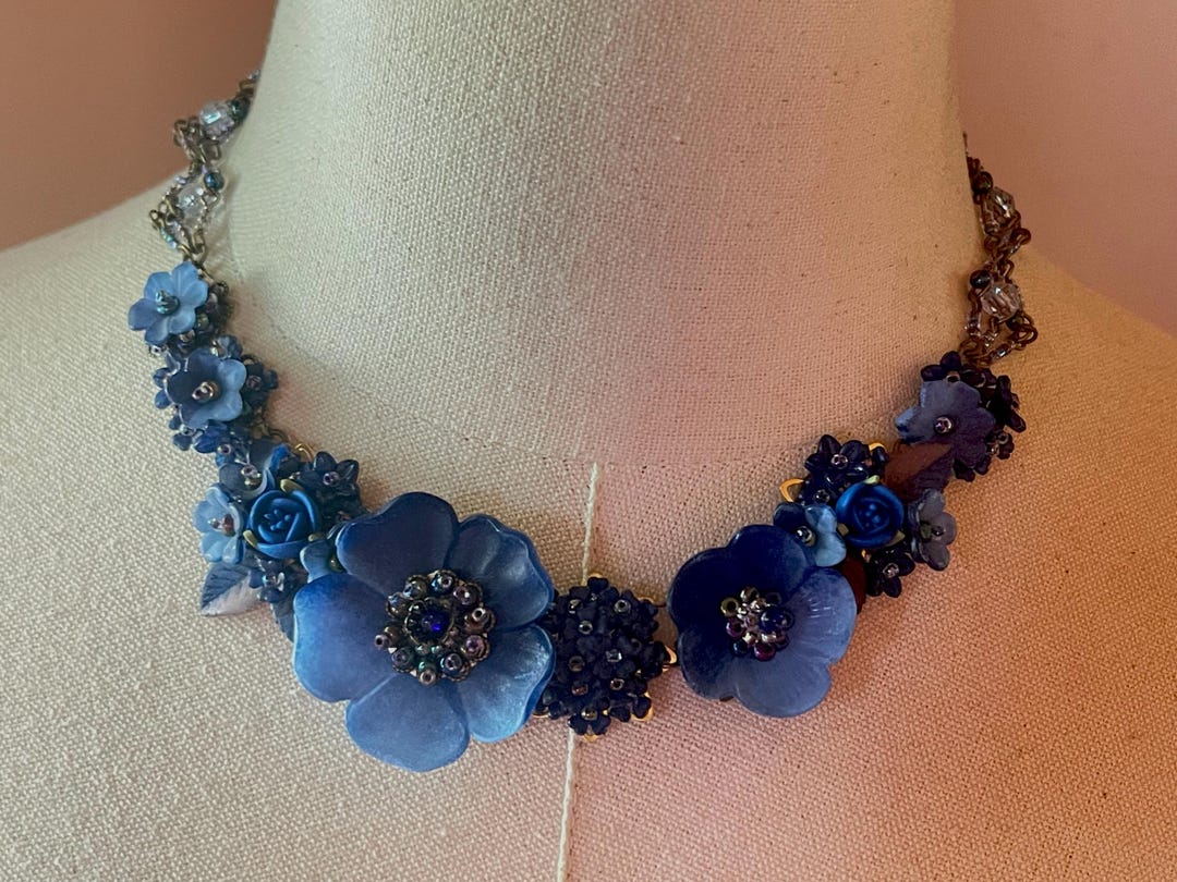 Colleen Toland Navy Blue Poppy Rose Necklace Beaded Handmade Vintage ...