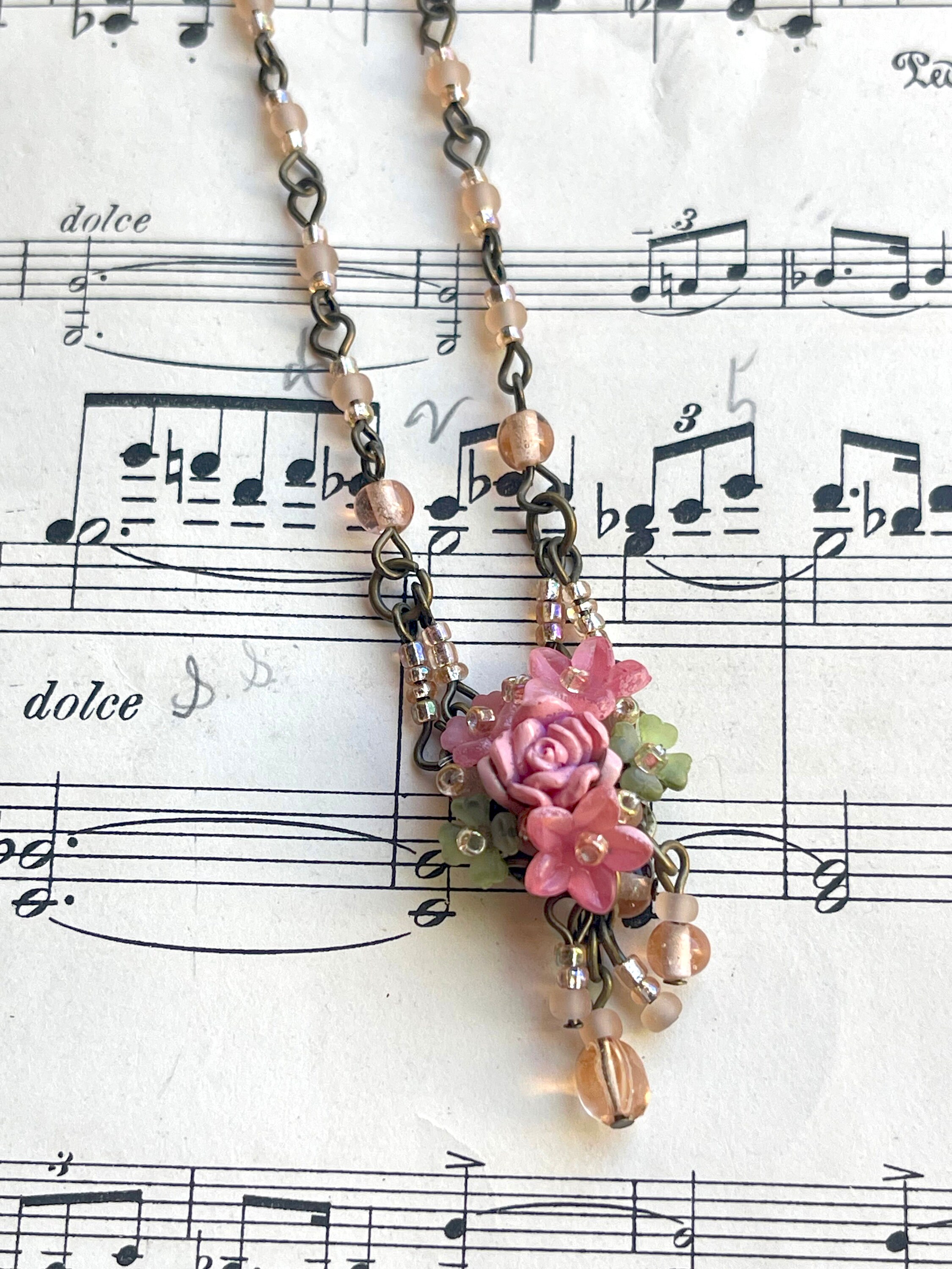 Colleen Toland Sweetheart Pink Rose Flower Pendant Handbeaded Floral ...