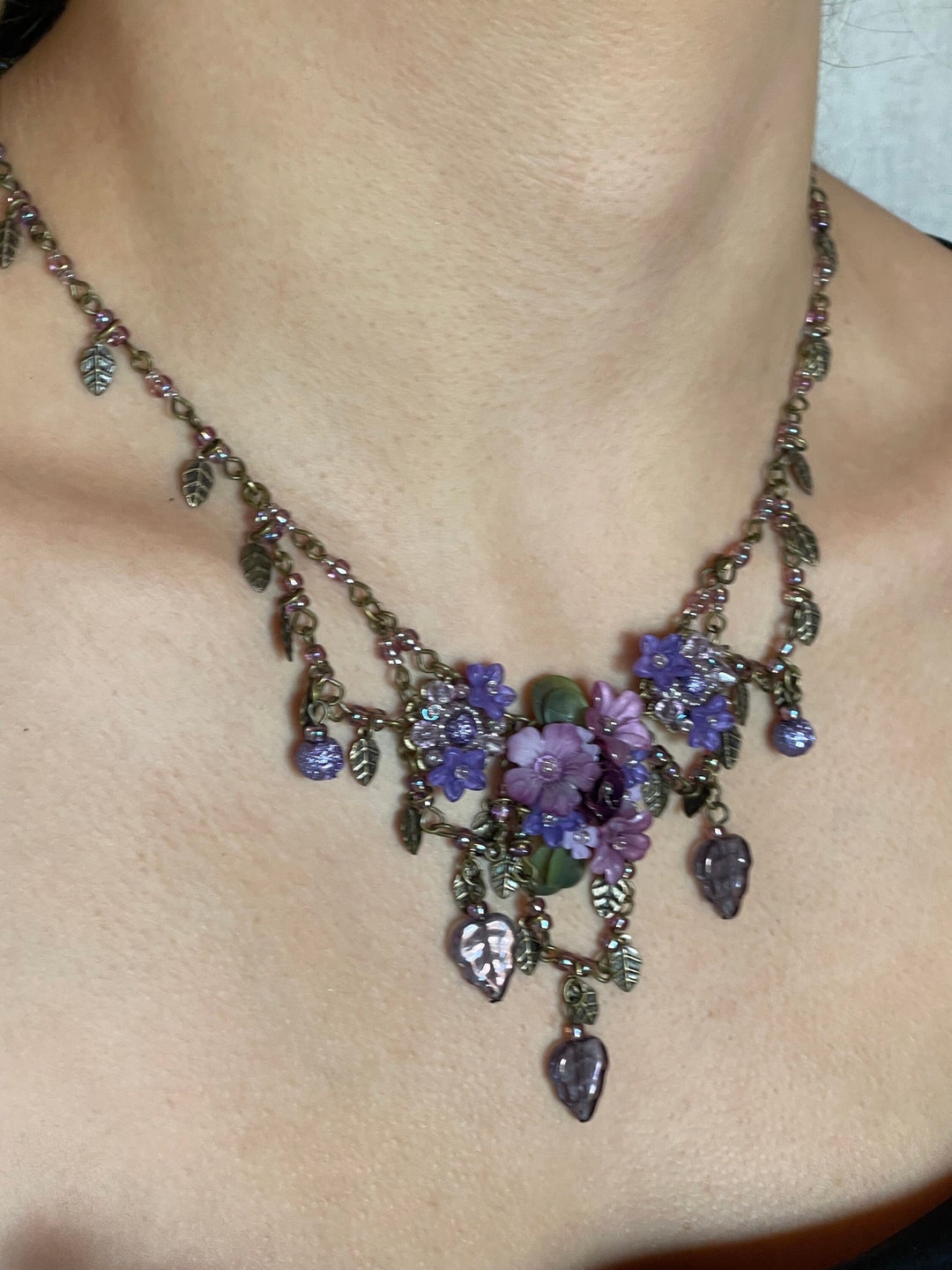 Colleen Toland Purple Lilac Vee Leaf Beaded Necklace Romantic Handmade ...