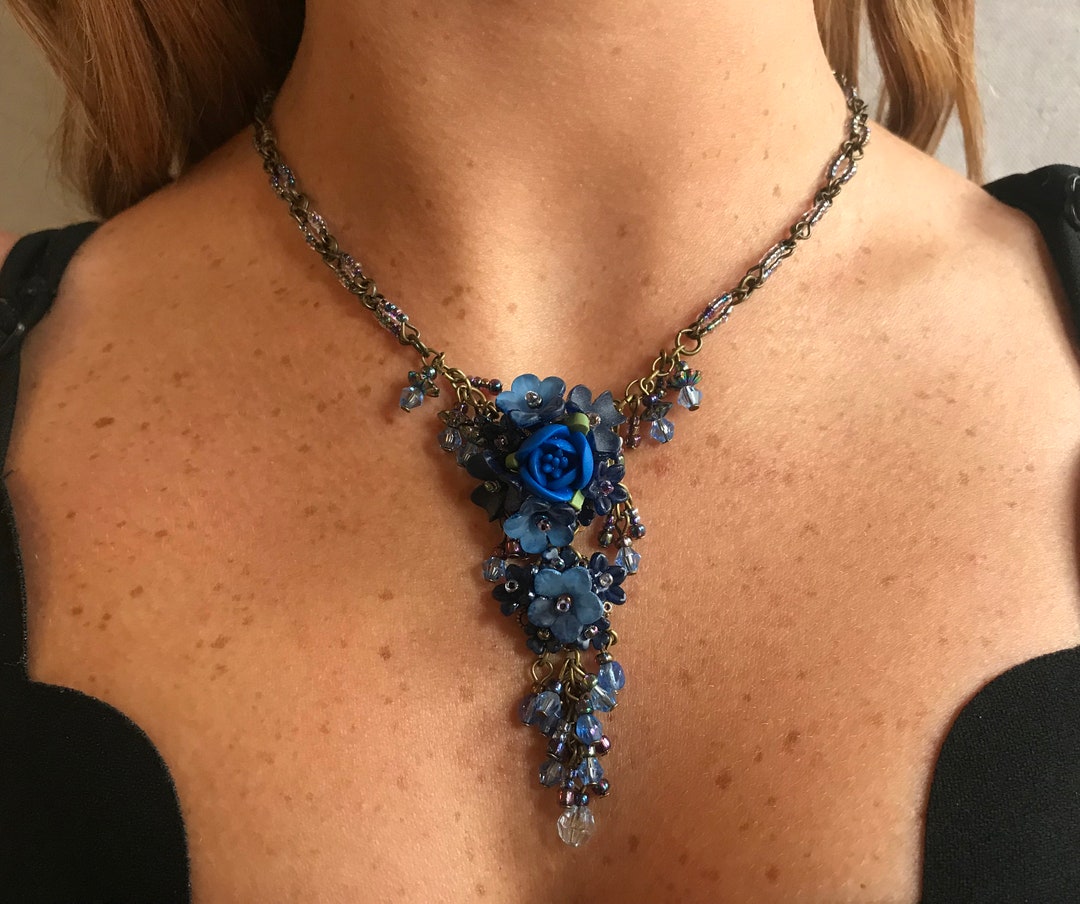 NAVY Beaded Vee Neck, BLUE ROSE Necklace Designed by Colleen Toland - Etsy