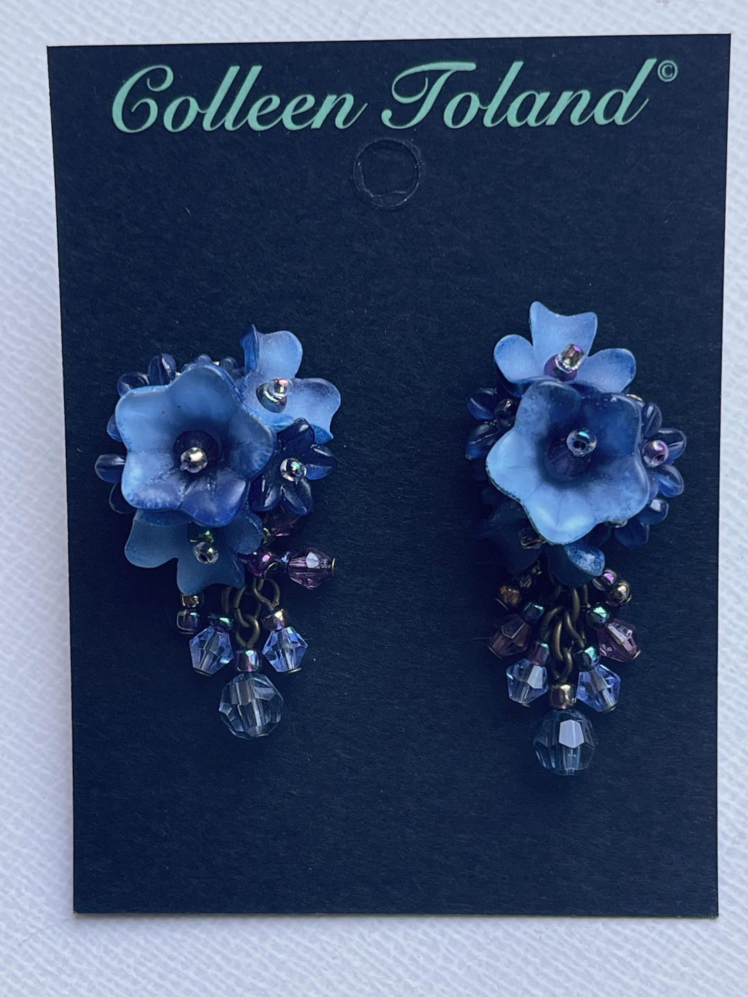 Colleen Toland Navy Blue Trumpet Flower Earrings Handmade Romantic Drop ...