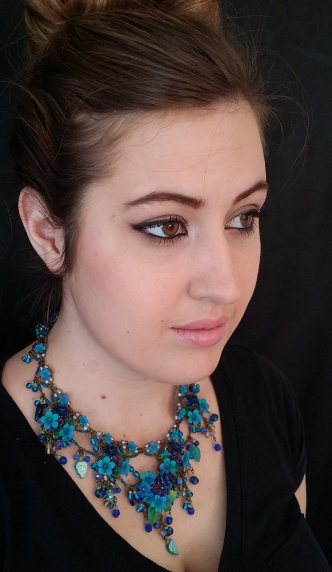 COLLEEN TOLAND Take Me to the Ball Necklace Blue Peacock Rose Flowers ...