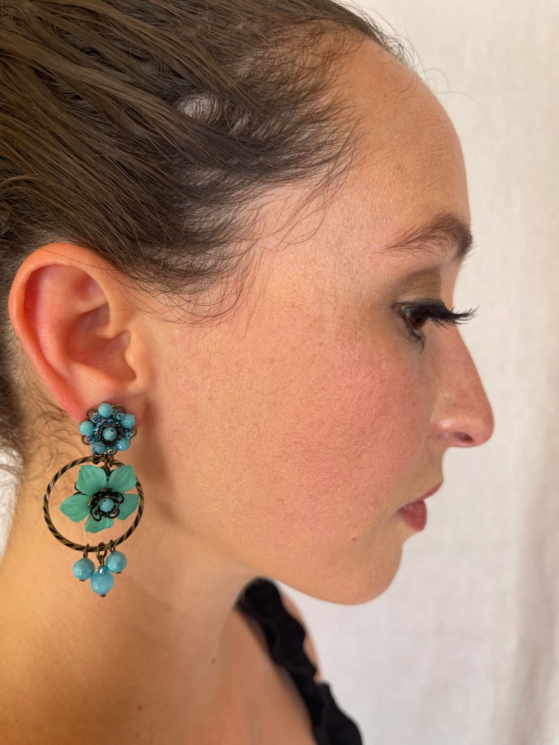 Colleen Toland Turquoise Flower Hoop Earrings With Earwire. - Etsy