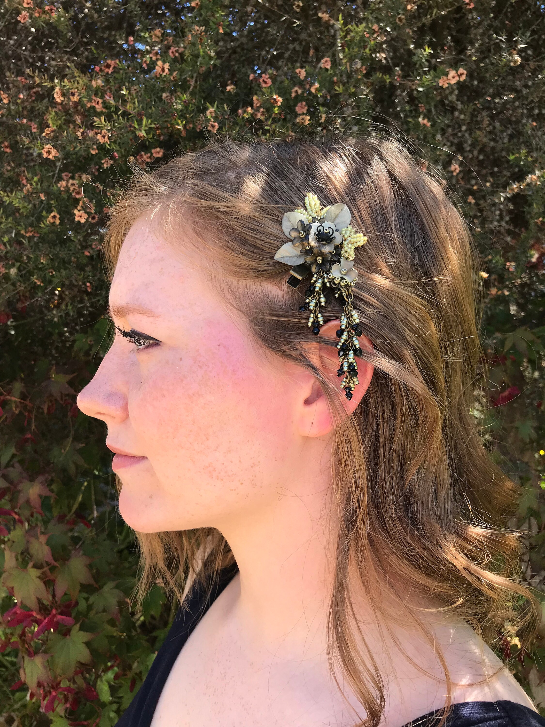 DANGLE HAIR CLIP Antique Gold and Black Handbeaded by Vintage | Etsy