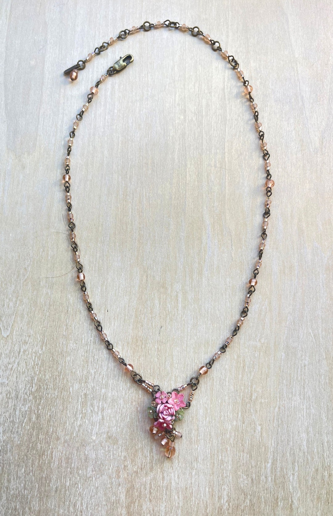 Colleen Toland Sweetheart Pink Rose Flower Pendant Handbeaded Floral ...
