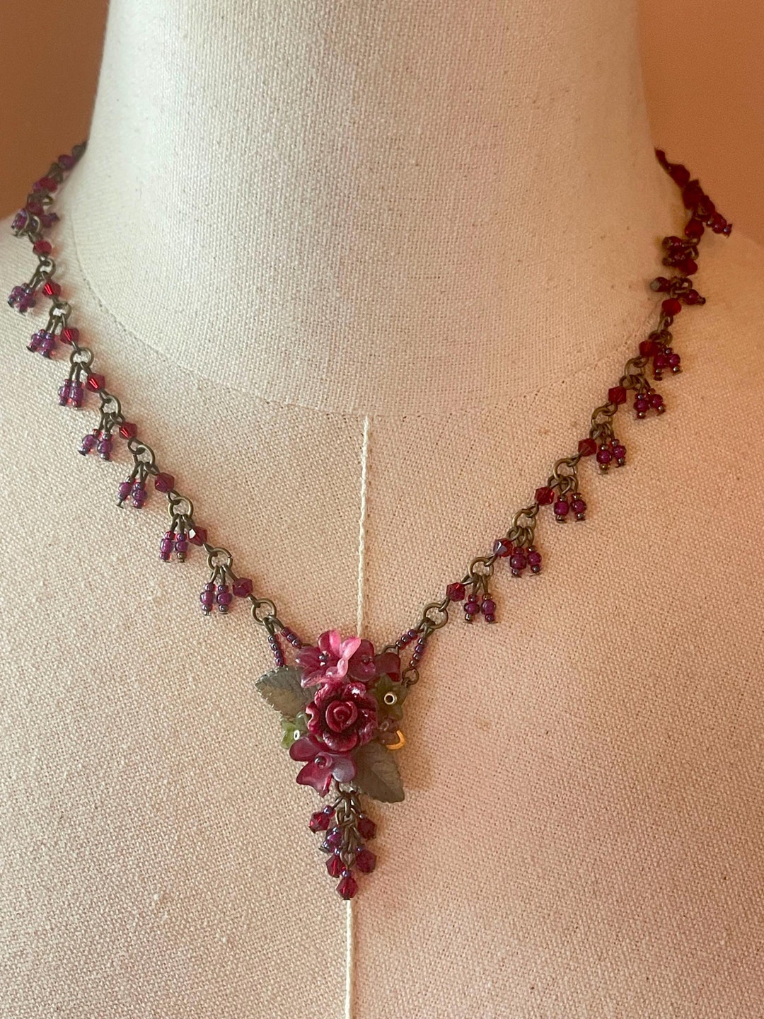 Colleen Toland Red Tea Rose Pendant Necklace With Drops Hand Beaded ...