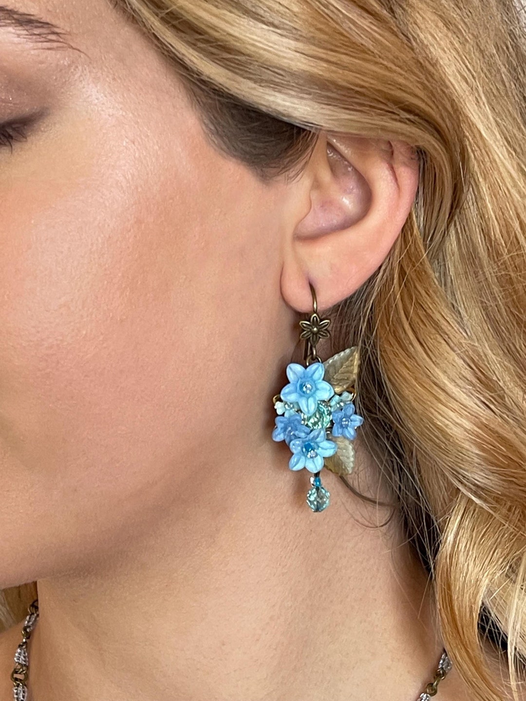 Colleen Toland Sky Blue Flowers and Leaves Earrings Handmade Dainty ...
