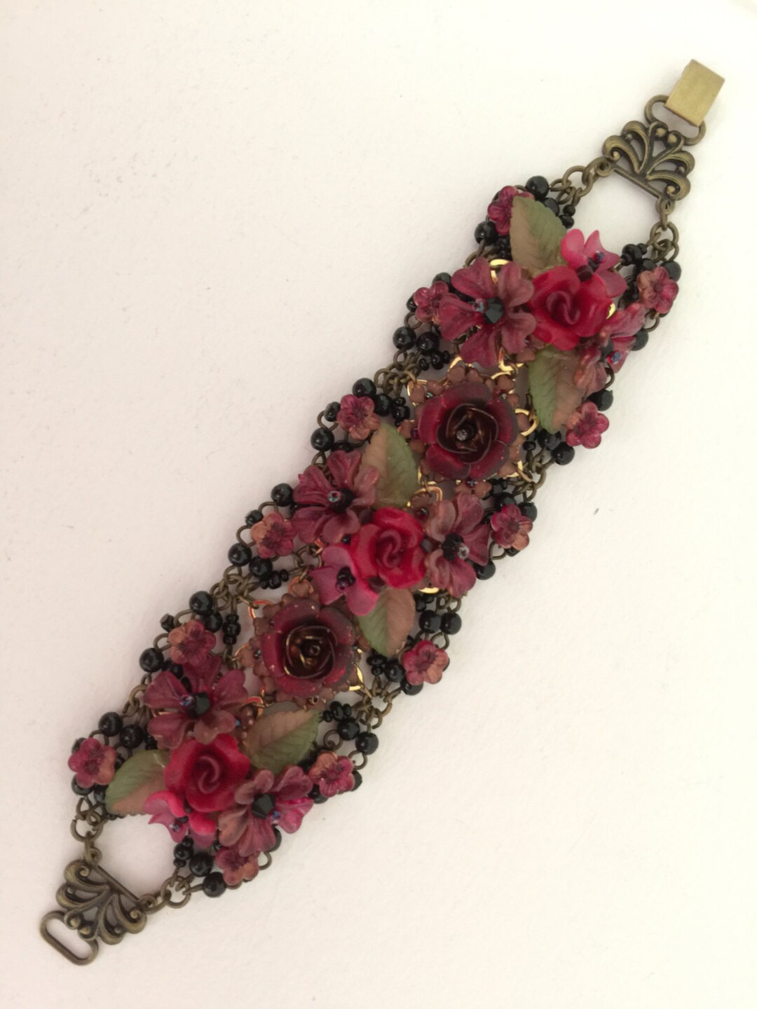 Colleen Toland TANGO Tea Rose Beaded Cuff Bracelet Flower Red Floral ...