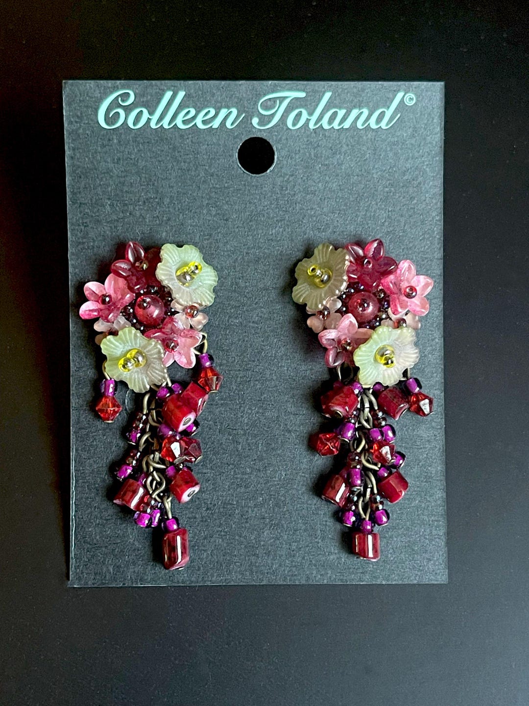 Colleen Toland Tea Rose Red Green Beaded Floral Earrings Handmade ...