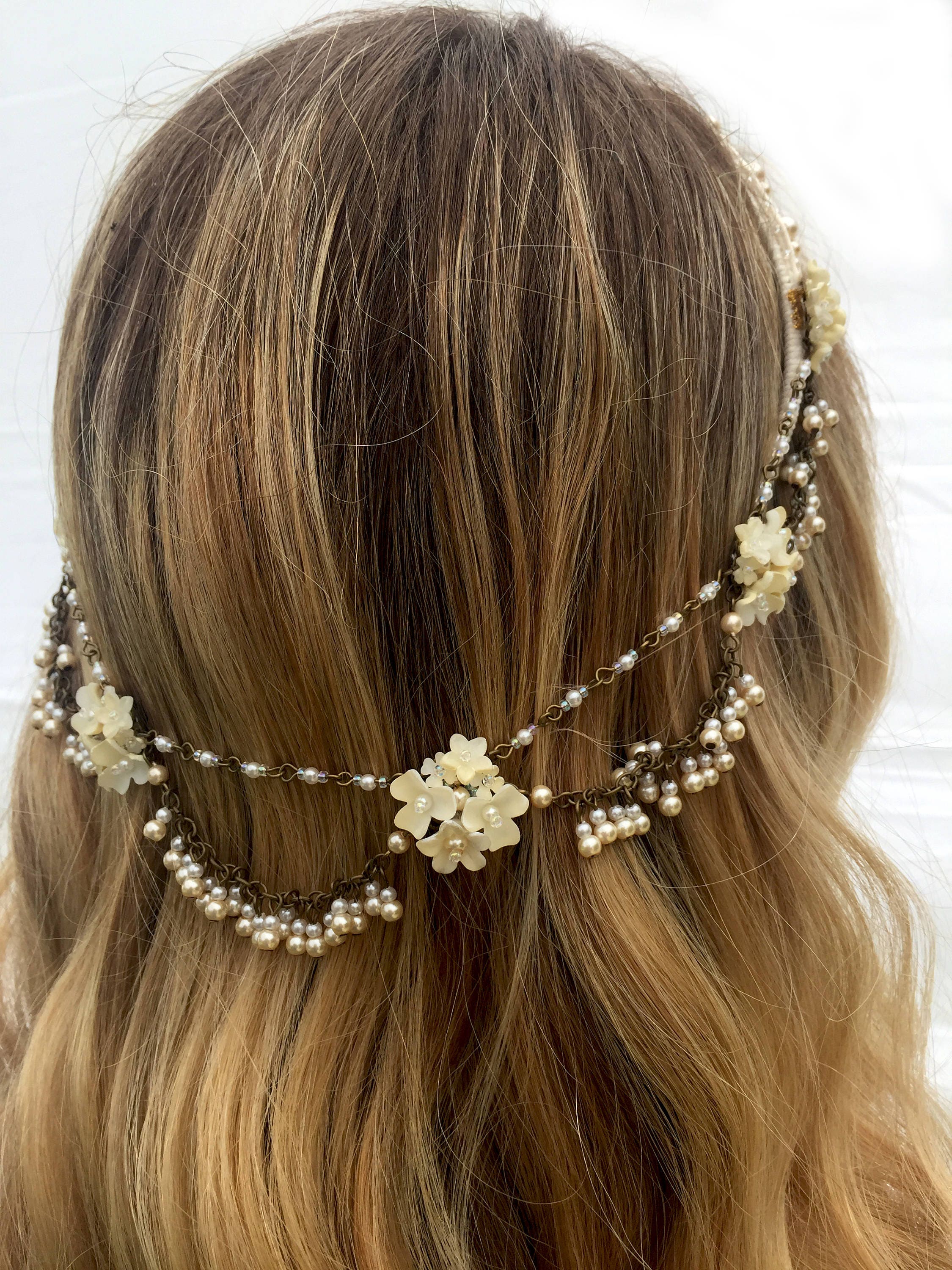 MAIDEN Draping HANDBEADED HEADBAND in Cream With Pearls by Designer ...