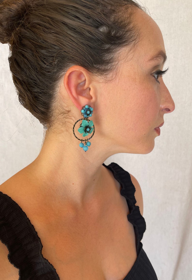 Colleen Toland Turquoise Flower Hoop Earrings With Earwire. - Etsy