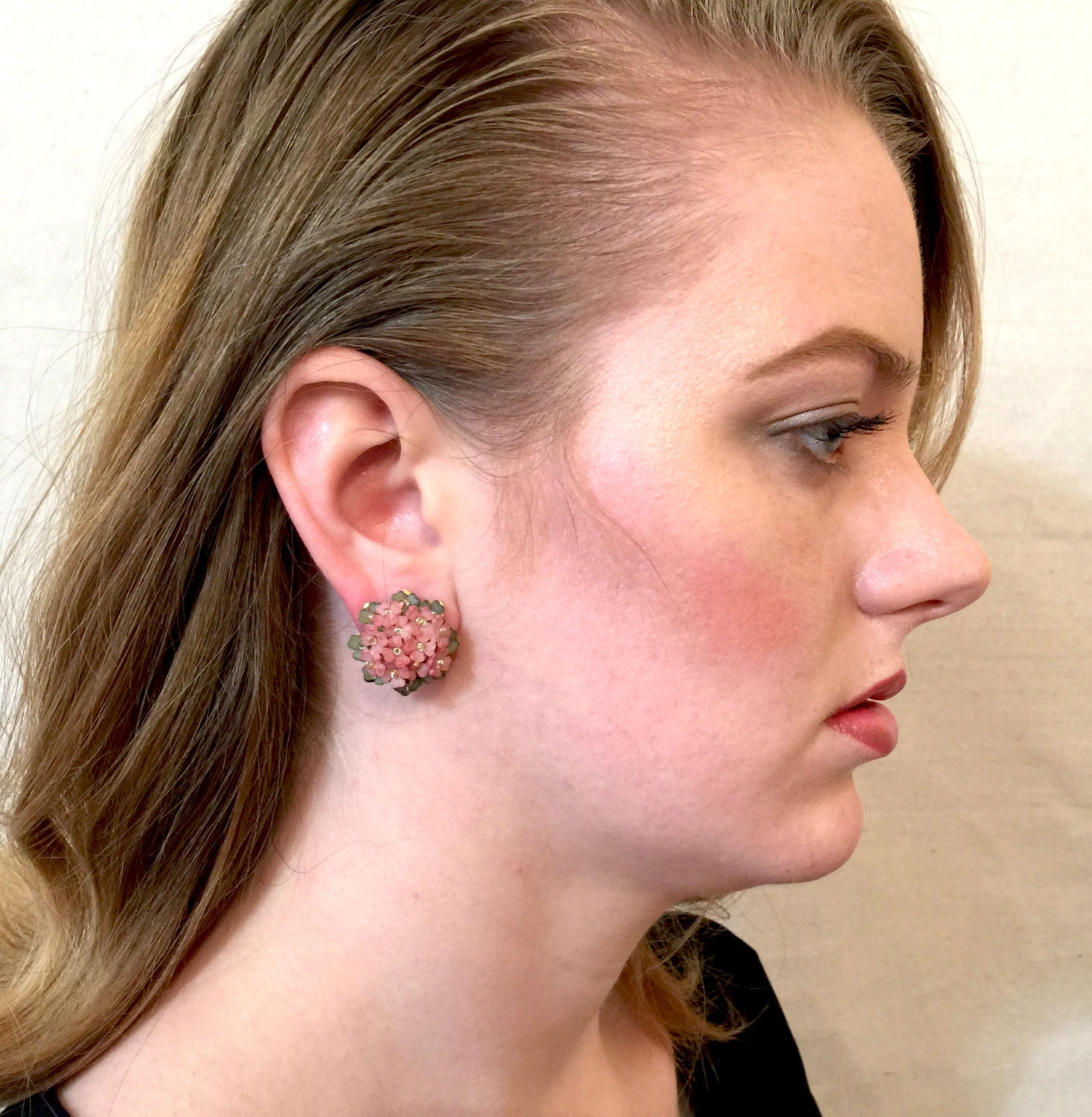 HANDBEADED COLLEEN TOLAND Small Pink Posey Button Earrings - Etsy