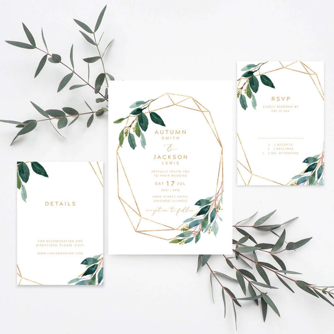 Gold Geometric Wedding Invitation Suite Printable Greenery - Etsy