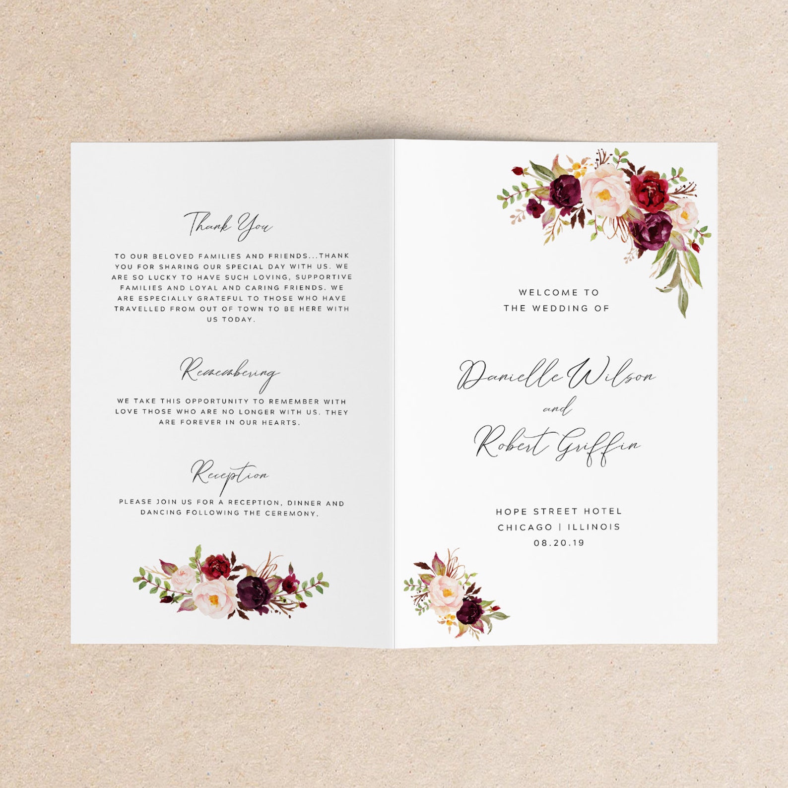 Floral Wedding Program Folded Printable Wedding Program | Etsy