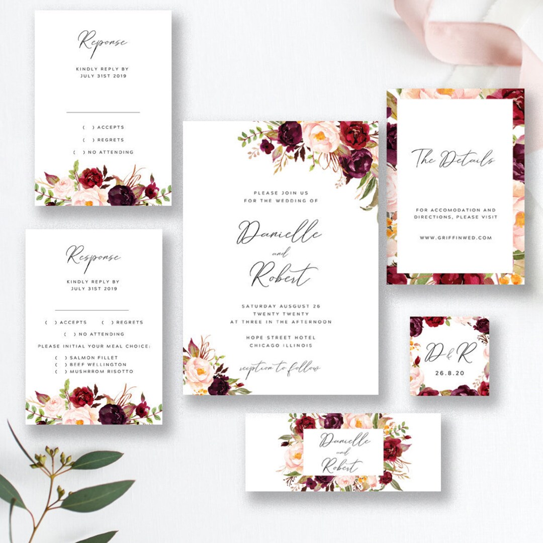 Burgundy Floral Wedding Invitation Template Printable Marsala - Etsy