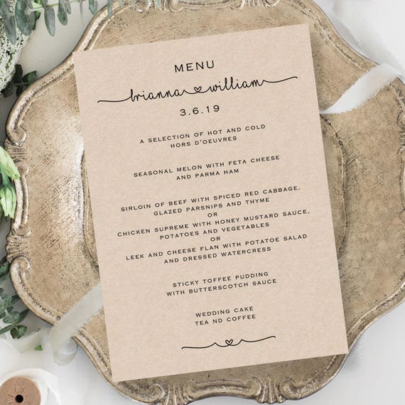 Rustic Wedding Menu Template Printable Wedding Menu Print | Etsy