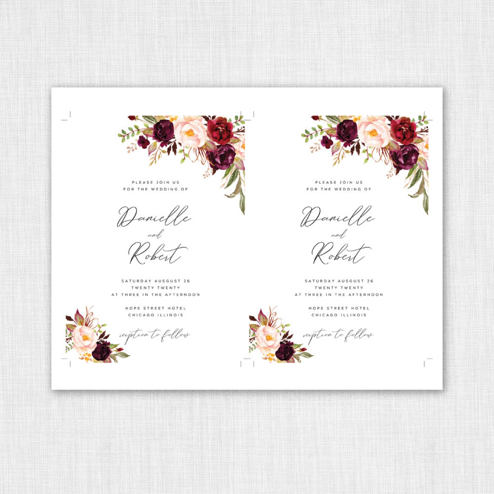 Burgundy Floral Wedding Invitation Template Printable Marsala | Etsy