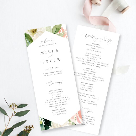 Printable Floral Wedding Program Template Editable Blush Pink | Etsy