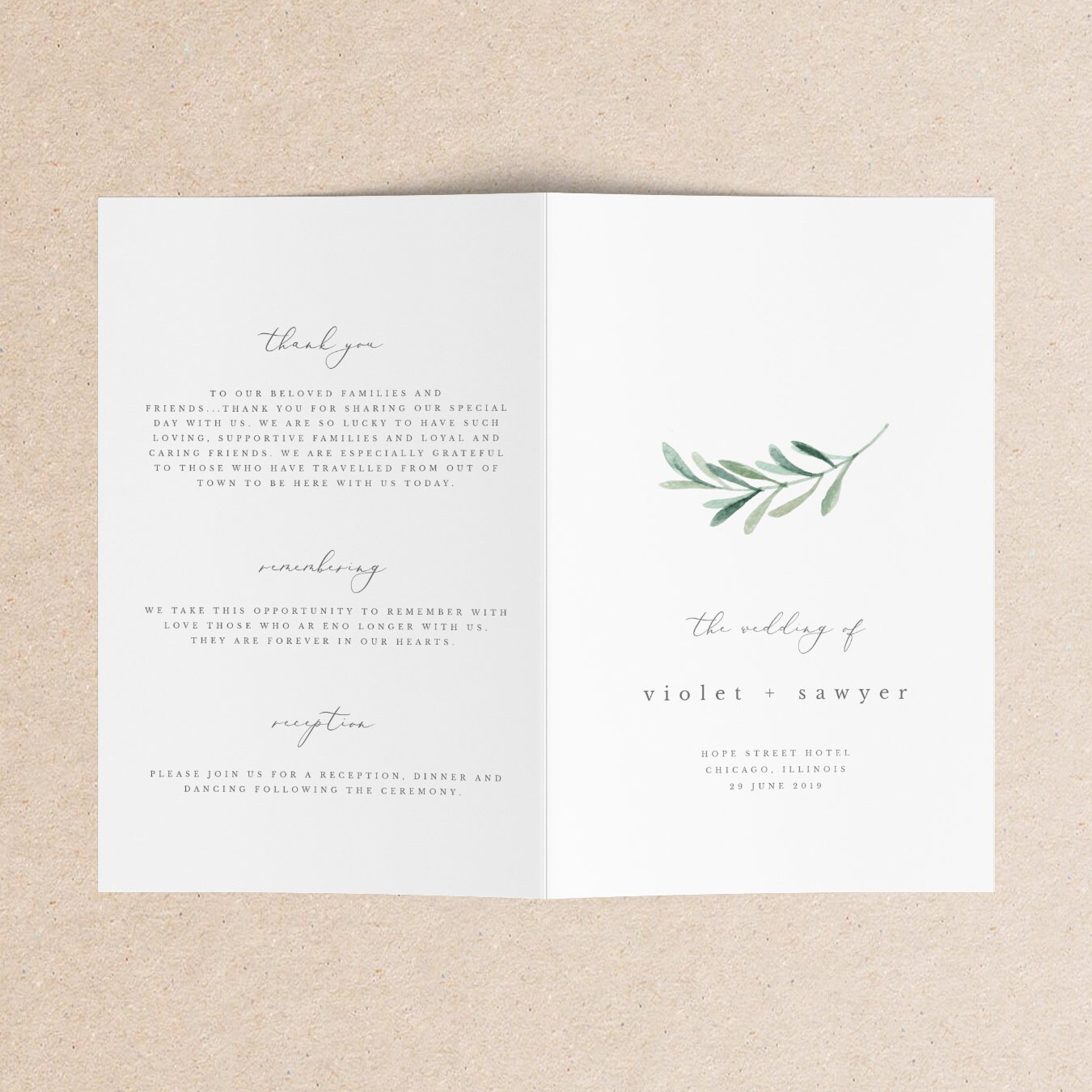 Folded Wedding Program Greenery Wedding Program Template | Etsy