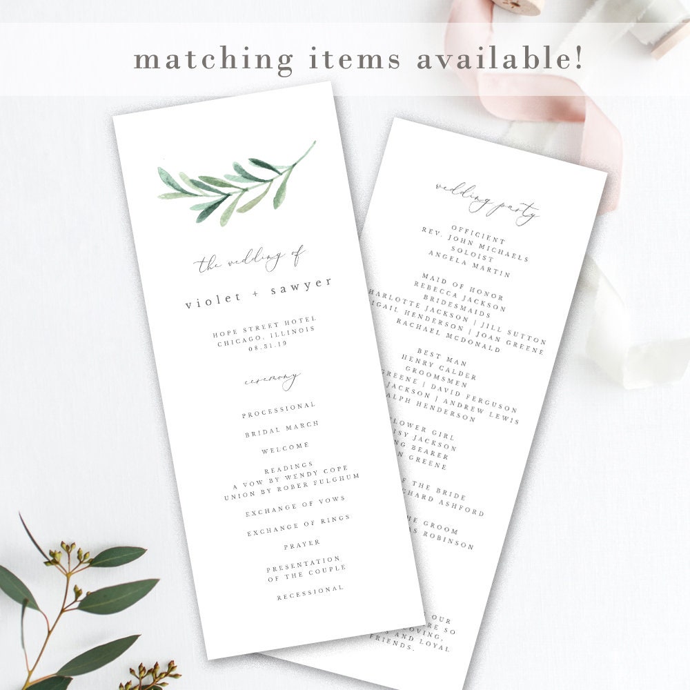 Folded Wedding Program Greenery Wedding Program Template | Etsy