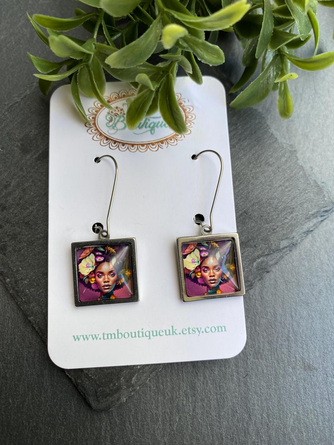 Caribbean Inspired Afro Earrings, Floral Earrings, Square Cabochon Drop ...
