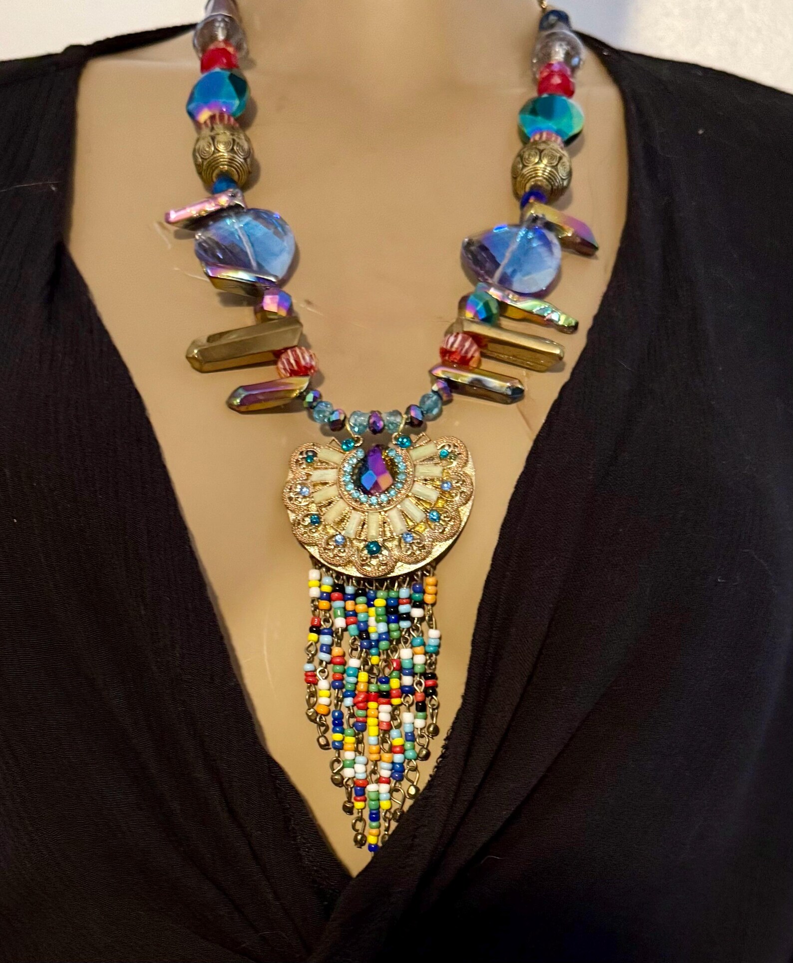 Peggy Graham Runway Necklace W/ Seed Bead Fringe Pendant and ...