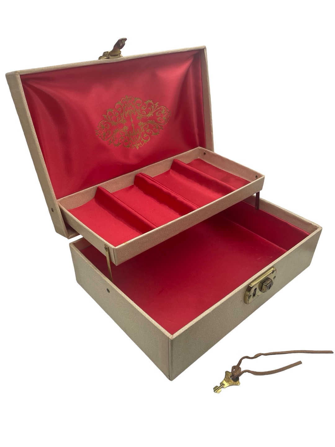 Mid Century Jewelry Box W/ Lock & Key Leatherette Red Satin Cream Beige ...