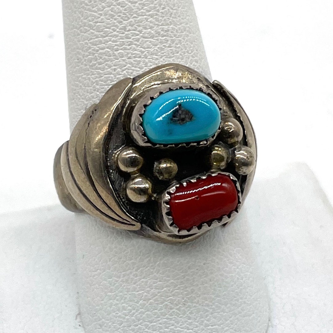 Sandoval Navajo Turquoise Coral Ring Size 10 925 Sterling Silver Mens ...
