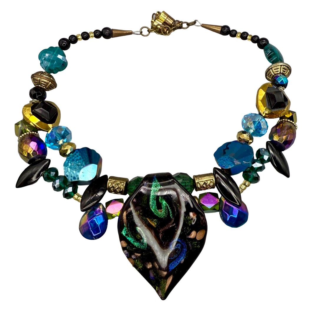 1980s Peggy Graham Statement Necklace Assemblage With Blue Art Glass ...