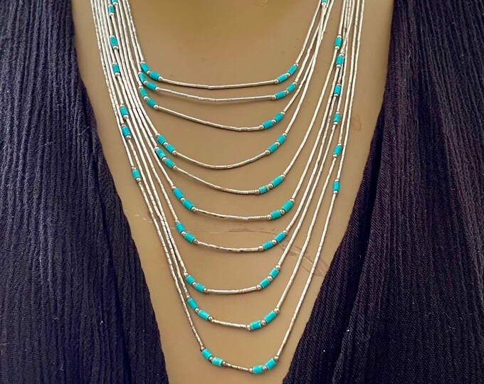 Turquoise & Liquid Silver Waterfall Necklace 925 Sterling 10 Strand ...