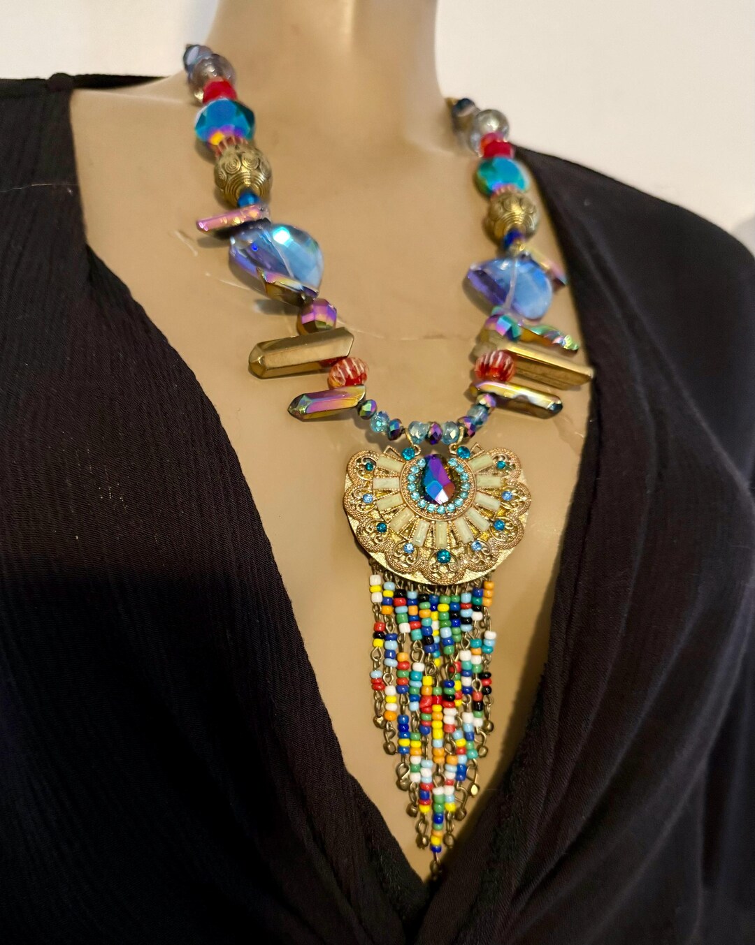 Peggy Graham Runway Necklace W/ Seed Bead Fringe Pendant and Rhinestones Assemblage - Etsy