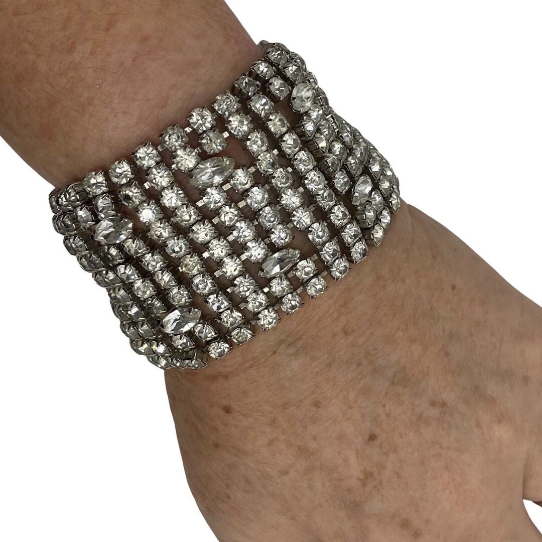 Wide Rhinestone Bracelet 10 Rows Vintage Bling - Etsy