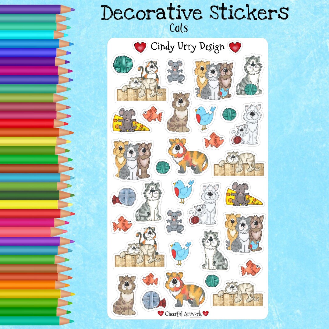 Cats Decorative Stickers: Hand Drawn Cindy Urry Artwork, Planner ...
