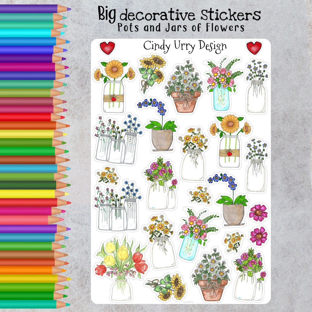 Flower Pots & Jars Stickers: Hand-drawn Floral Stickers for Planners - Etsy