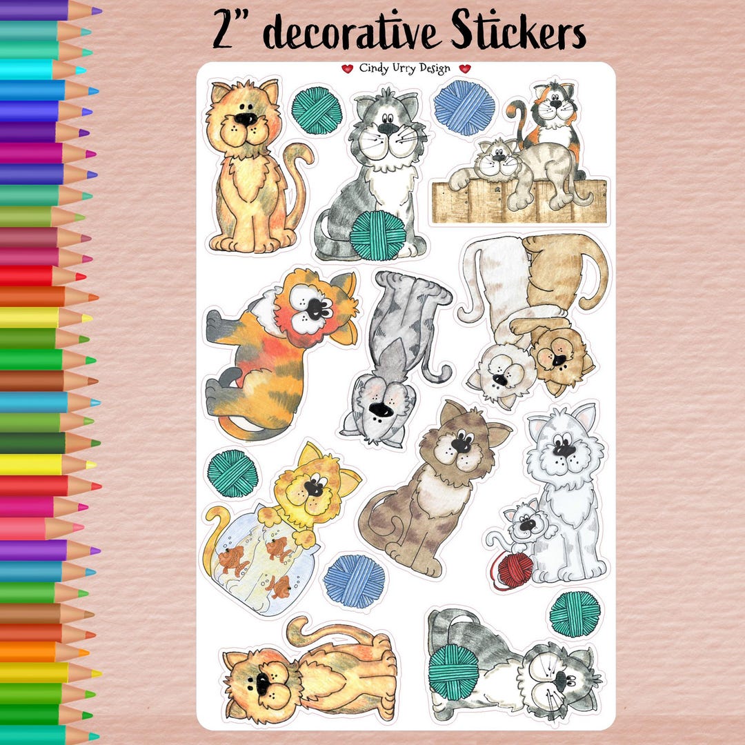 Cats Sticker Sheet. 2" Stickers to Use for Decorating Cards, Notes ...