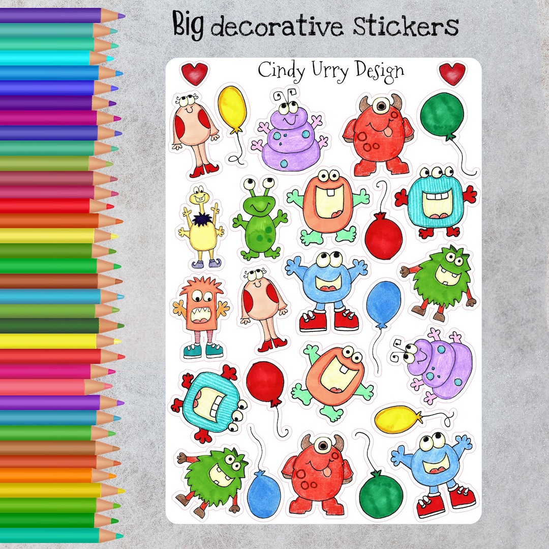 Monster Party Bigger Stickers, Hand Drawn Artwork, Journal Planner ...