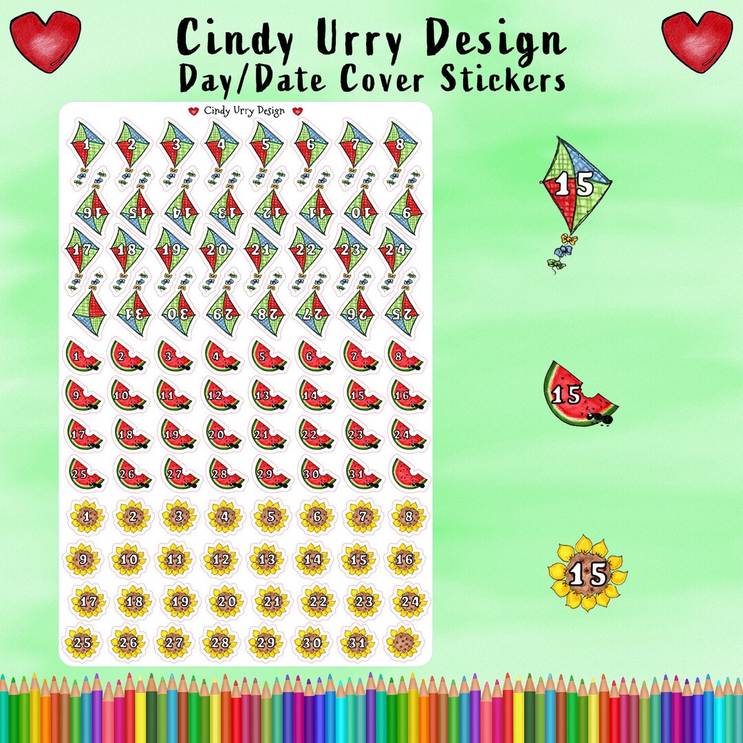 Kites Watermelon Sunflowers Day/date Cover Sticker. Tiny Decorative Day ...